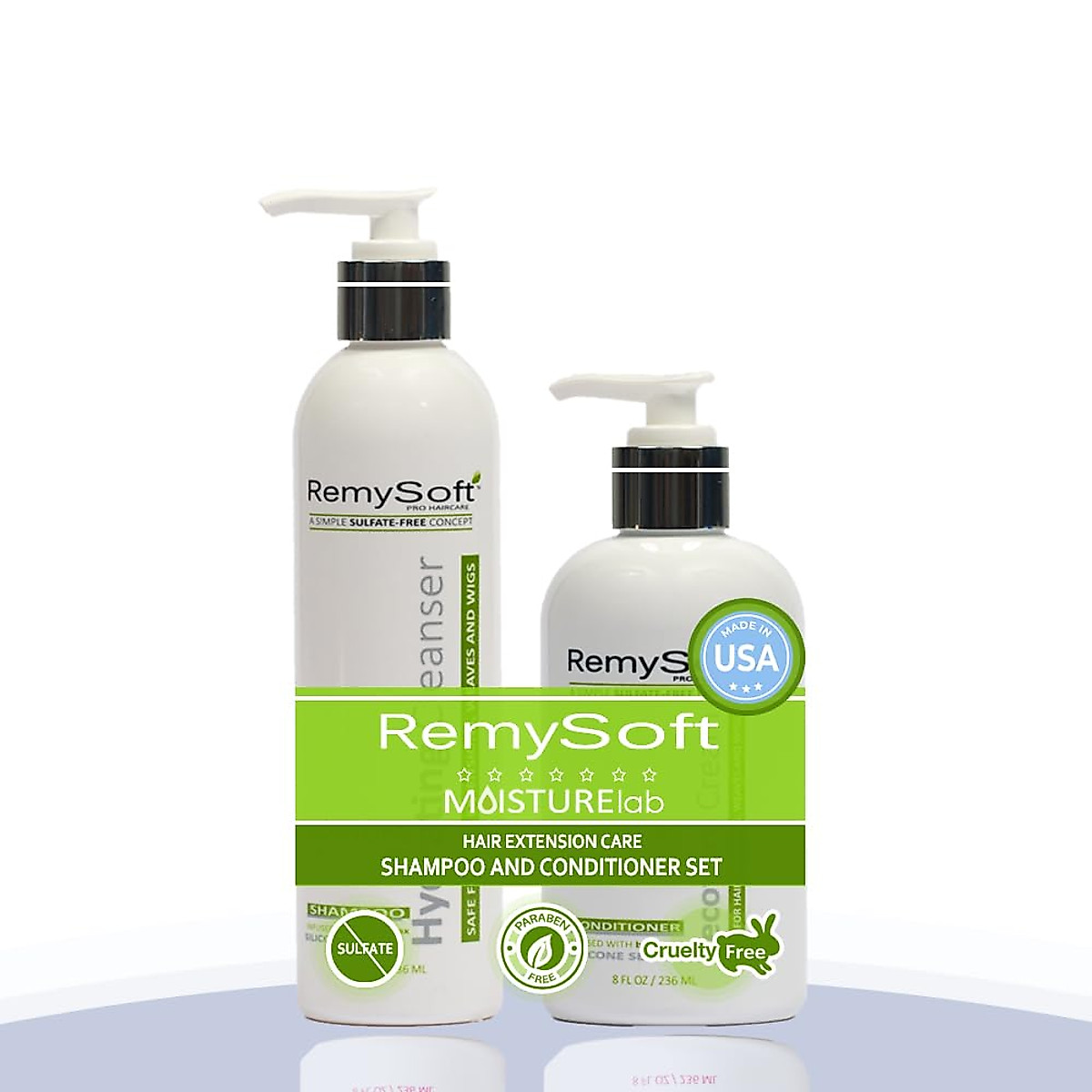 RemySoft Moisturelab Hydrating Cleanser & Recovery Cream Duo - Safe for Hair Extensions, Weaves and Wigs - Salon Formula Shampoo and Conditioner Combo - Gentle Sulfate-free Lather