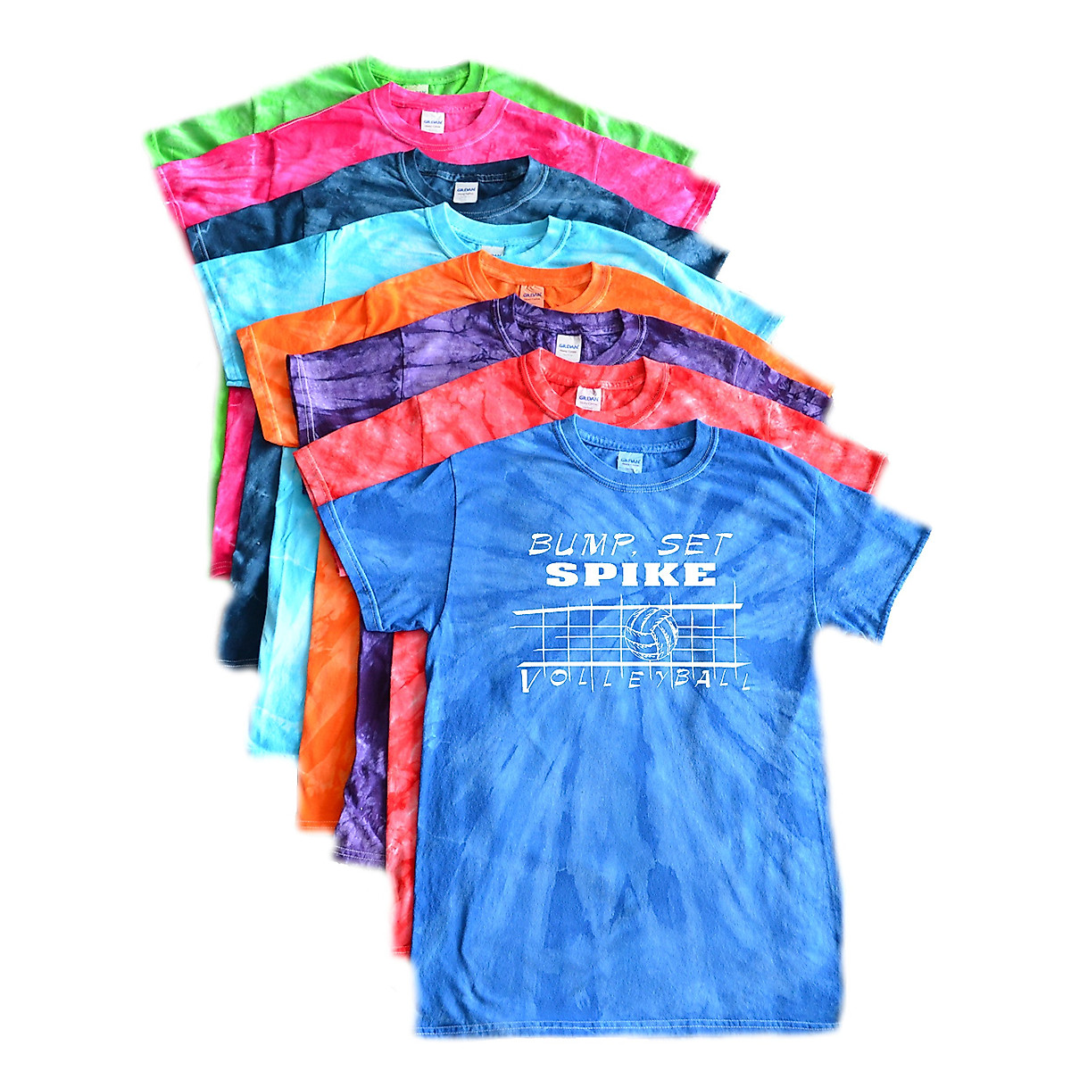 JANT girl Volleyball Tie Dye T-Shirt Bump, Set, Spike Logo (Navy, YM)