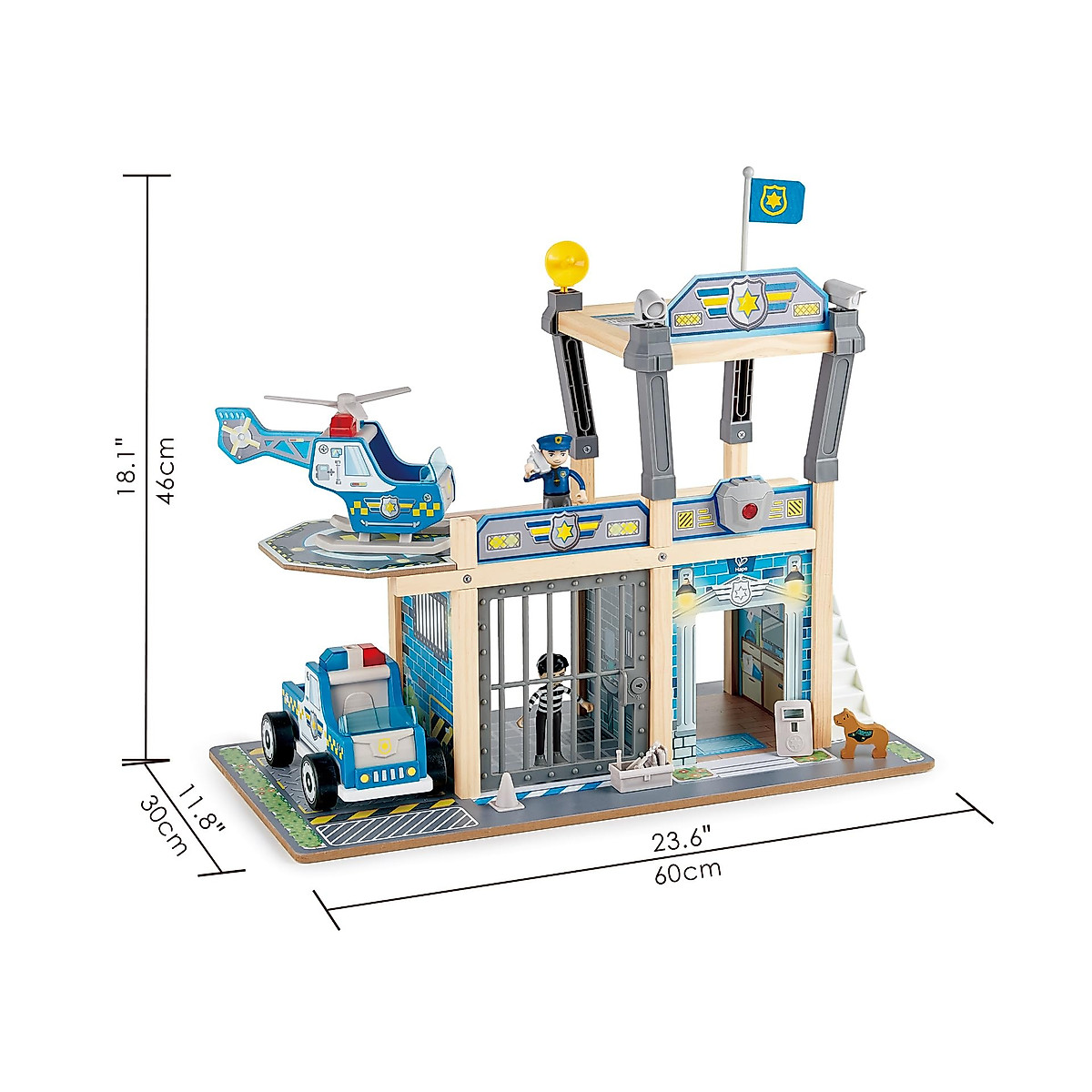 Hape Metro Police Station Play Toy Set with Sounds and Lights| 2-Level Wooden Pretend Play Toy with Action Figures and Accessories