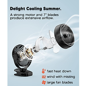 TYZU 7 Inch Portable Fan, Misting Fan, 4000 mAh Battery Operated Fan, Outdoor Misting Fan With 2 Mist Modes & 4 Speeds, 130ml Tank, 360° Rotatable, Clip on fan For Outside Camping Stroller Golf Cart