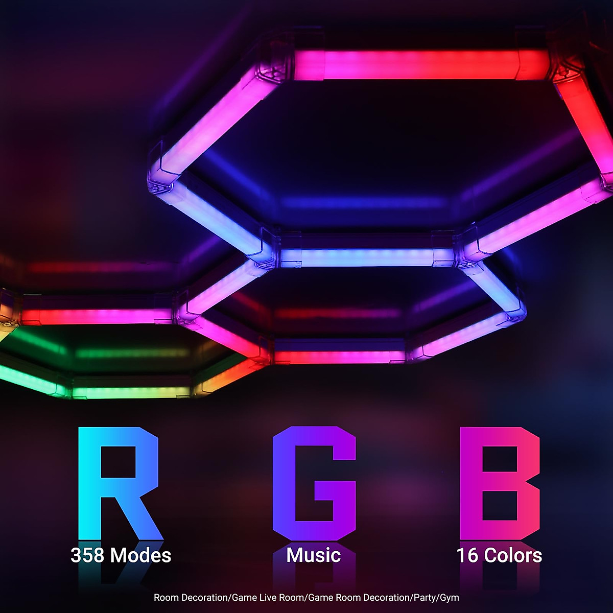 RGB Hexagon Lights - RGB Wall Lights with Music Sync, Dimmable and Speed Adjustable LED Hexagon Lights, LED Wall Lights for Gaming Room Decor, Streaming, Party, Bar, Gym