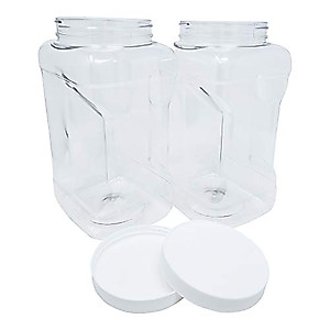 Kelkaa 1 Gallon Clear PET Plastic Square Wide Mouth Jars with Grip Handle and White Ribbed Lined Caps, BPA Free, Multi-Use Containers, Household Dried Food Canisters, Made in the USA (Pack of 2)