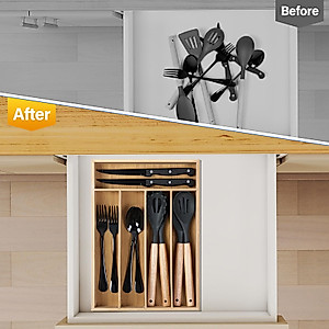 CherHome Silverware Organizer Utensil Drawer Organizer,Silverware Tray for Kitchen Drawer,Bamboo Flatware Tableware Cultery Caddy Utensil Tray Utensils Holder，5-Compartment，13.5" D x 10" W x 2" H