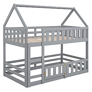 Bellemave House Bunk Bed for Kids, Twin Over Twin Floor Bunk Bed with Fence Railings and Door, Wooden Convertible Playhouse Loft Beds with Ladder for Boys Girls Teens, Gray