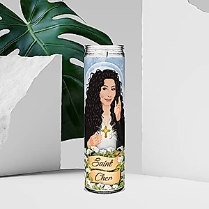 Saint Cher Celebrity Prayer Devotional Parody Candle - 8" white, unscented glass