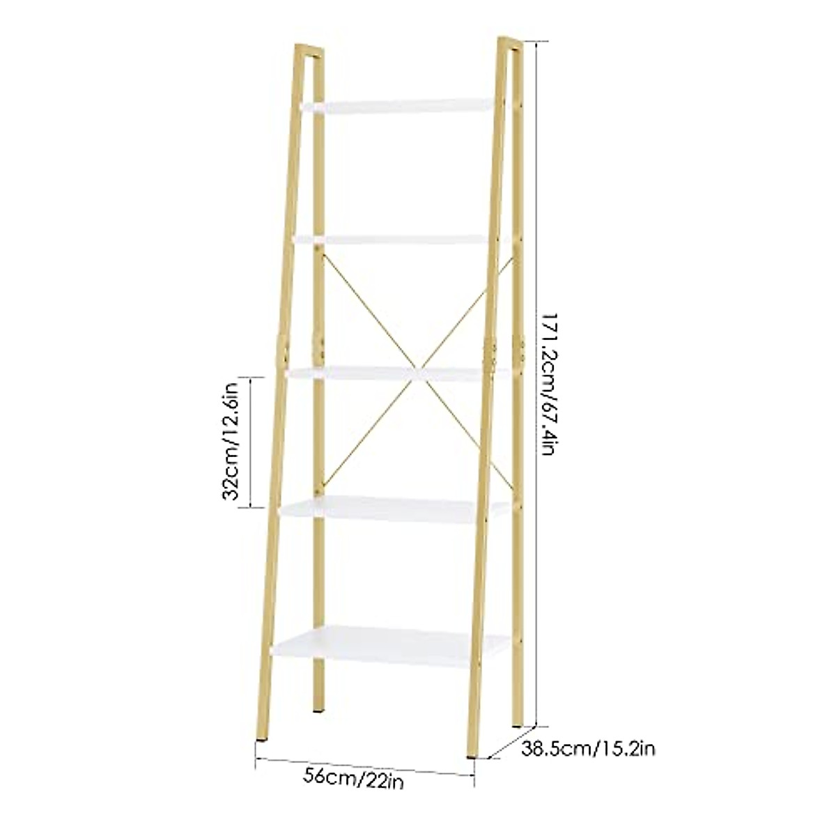 finetones 5-Tier Ladder Shelf, Gold Bookcase Bookshelf with Metal Frame, Display Shelf Plant Rack Accent Furniture for Home Office, White/Golden