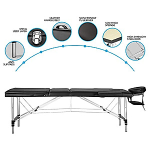 Careboda Portable Massage Table Professional Massage Bed 3 Fold 82 Inches Height Adjustable for Spa Salon Lash Tattoo with Aluminum Legs Carrying Bag Accessories Black