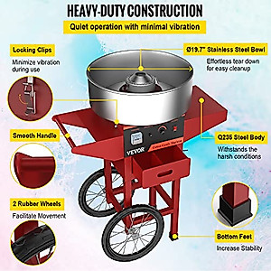 VBENLEM Commercial Cotton Candy Machine with Cart, Electric Floss Maker with Stainless Steel Bowl, Sugar Scoop and Drawer, for Family and Various Party, Red