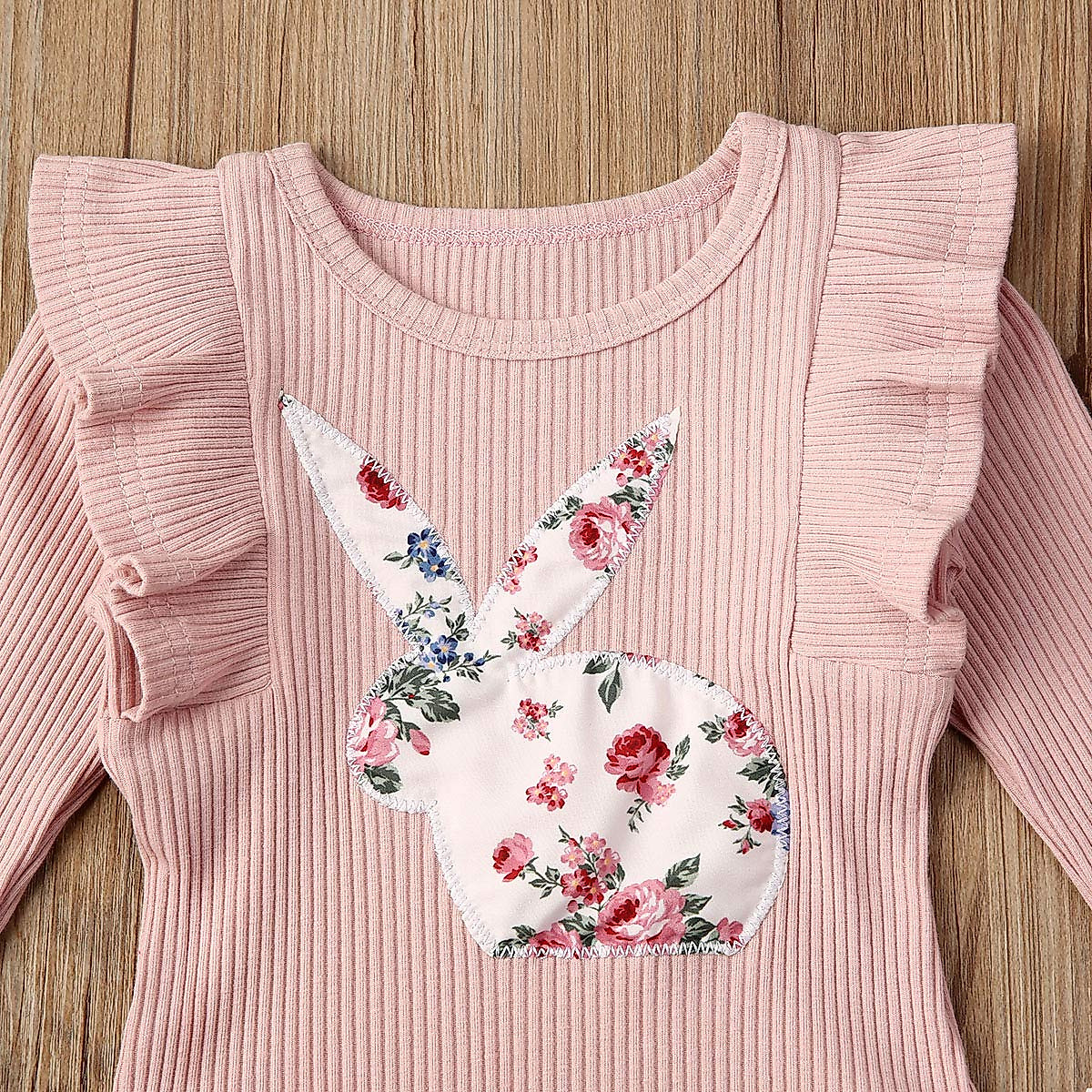 Newborn Infant Baby Girls Easter Outfits Bunny Long Sleeve Knitted Romper Bodysuit Floral Pants with Headband 3Pcs Clothes Set (Shrimp Pink, 0-6 Months)