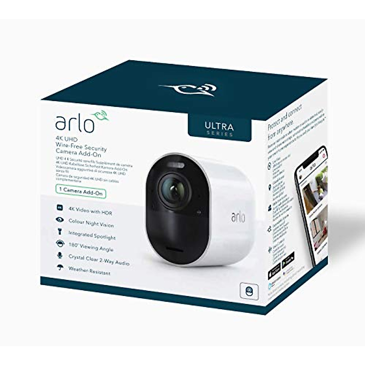 Arlo Ultra Smart Home Security Cameras, Alarm, Rechargeable, Colour Night Vision, Indoor/Outdoor, 4K UHD, 2-Way Audio, Spotlight, 180 Degree View, Add On Camera - SmartHub Needed, VMC5040