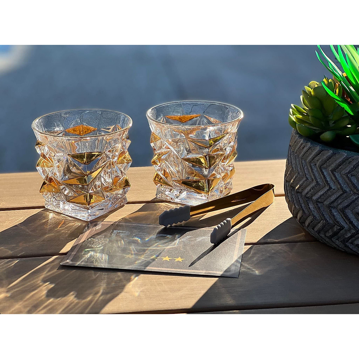 ROCKS Premium Crystal Whiskey Glass Set with Gilded Gold Glasses, Stainless Steel Chilling Stones and Quality Gold Serving Tongs. Great Gift for All Whiskey, Bourbon and Scotch Lovers!
