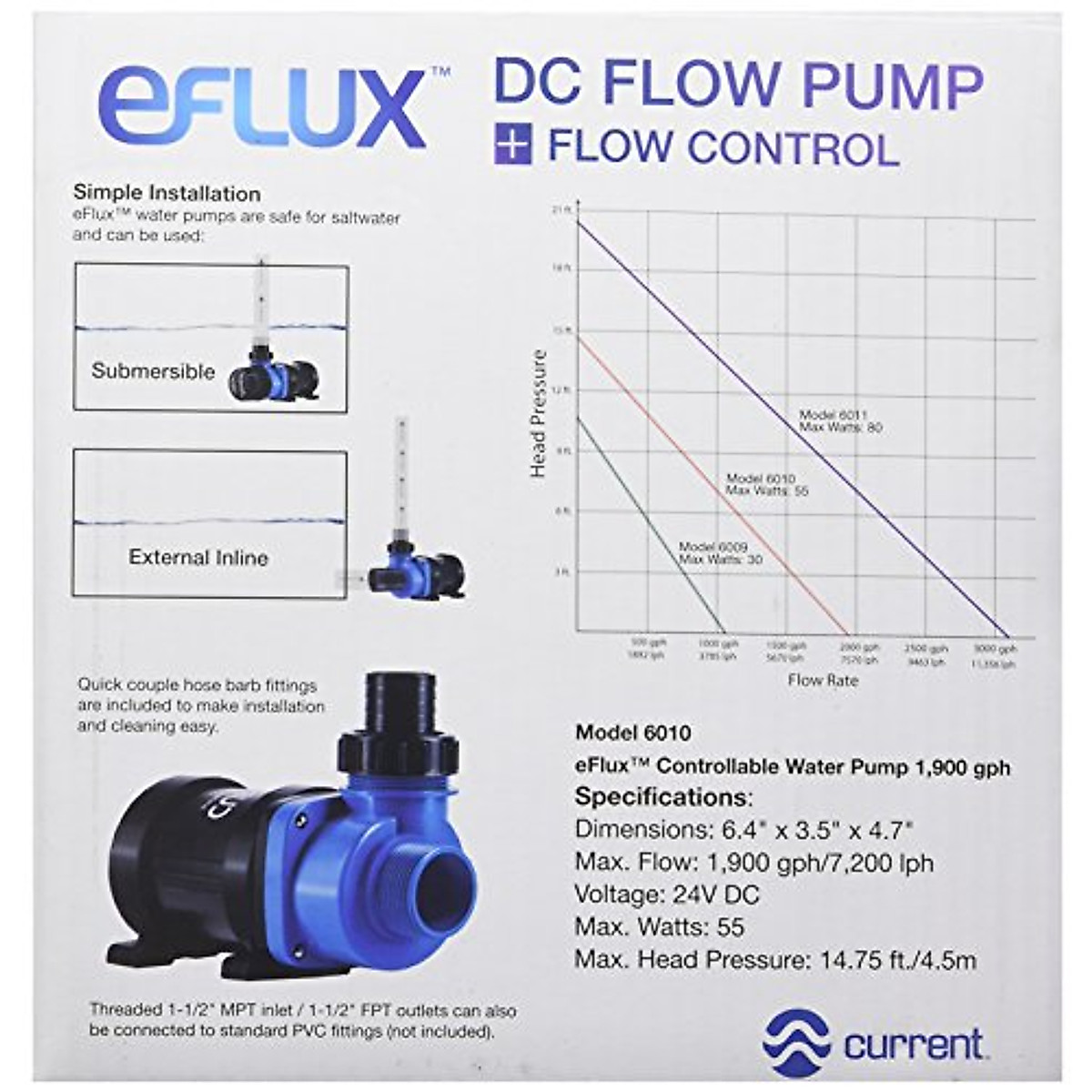 Current USA eFlux DC Flow Pump with Flow Control 1900 GPH | Ultra Quiet, Submerisble or External Installation | Safe for Saltwater & Freshwater Systems, Model Number: 6010