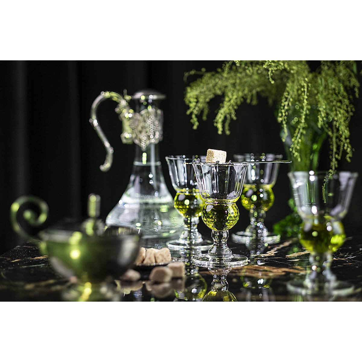 Vintage Crystal Absinthe, Sambuca, Raki, Pastis, Ouzo Glasses | Set of 4 | Short Stemmed 6.5 oz Goblets with Bubble Reservoir for Drinking Green Fairy | Handblown Small Wine Bistro Glassware