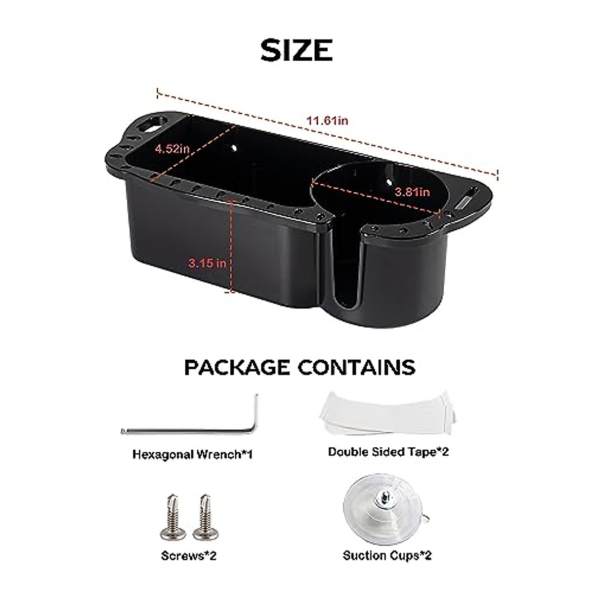 AngLink Boat Cup Holder - Marine Boat Caddy Organizer with Storage 3 Mount Options, Fishing Tool Drink Holders for Center Console Seat Kayak Pontoon Bass Boat Jon Boats丨Black