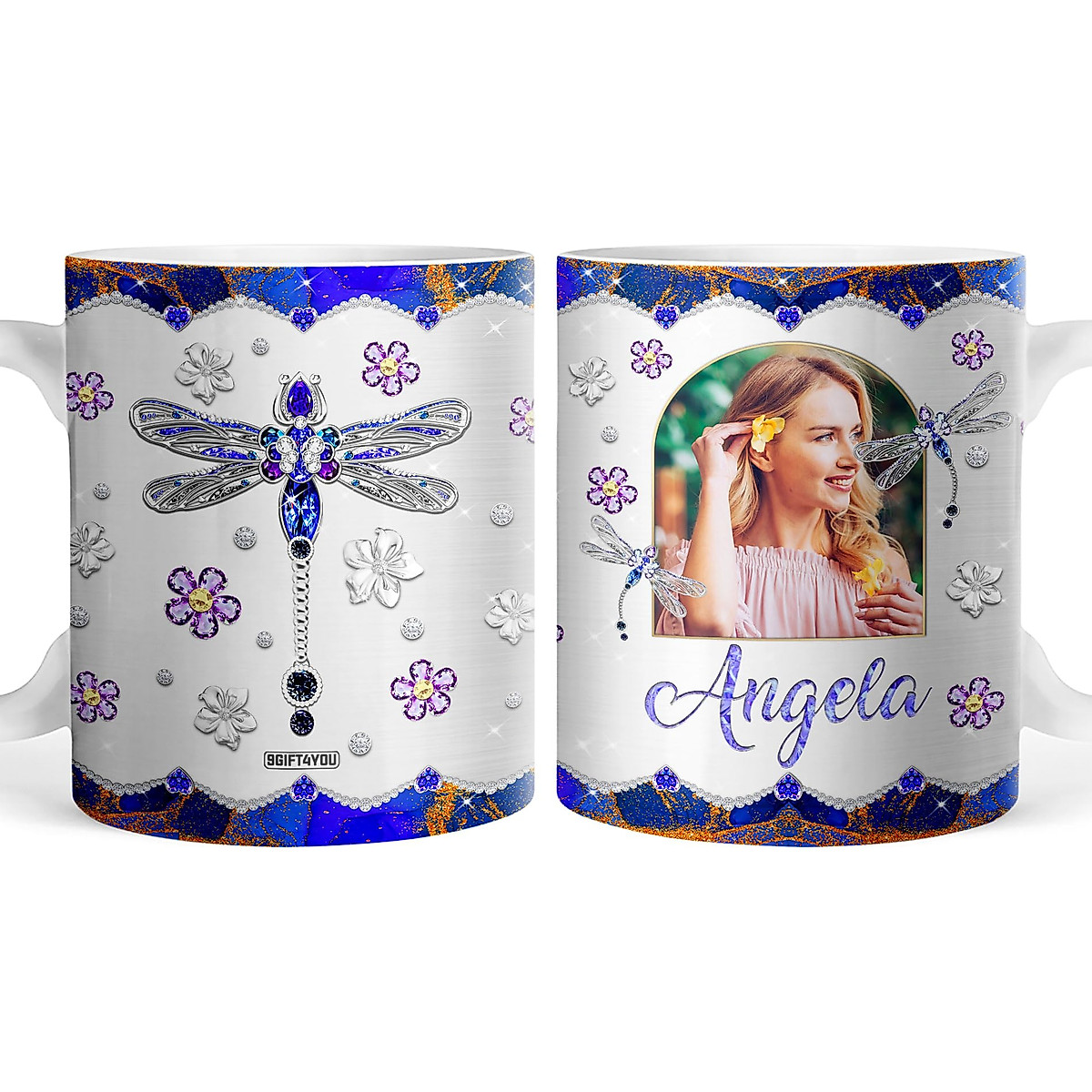White Ceramic Coffee Mug Photo Mugs Personalized Picture Dragonfly Custom Name Birthday Gifts For Women Friends Mom Novelty Cup Table Desk Accessories Jewelry Style 11 and 15 Oz