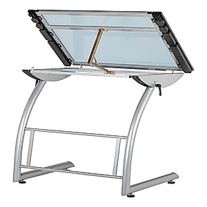 SD Studio Designs Triflex Drawing Table, Sit to Stand Up Adjustable Office Home Computer Desk, 35.25" W X 23.5" D, Silver/Blue Glass