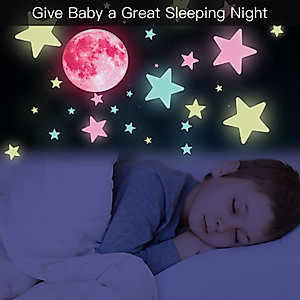 100 Pcs Glow in The Dark Stars with 3D Moon Stickers for Ceiling, Wall Decor Sticker for Nursery, Bedroom, Emo Room Decor Decal (Red Moon)