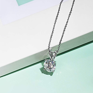 FANCIME 14k Solid White Gold Round 4 Prong 1 Carat Moissanite Simulated Diamond 6.5mm D-E Color VVS Clarity Pendant Necklace For Women, 16" + 2" Extender