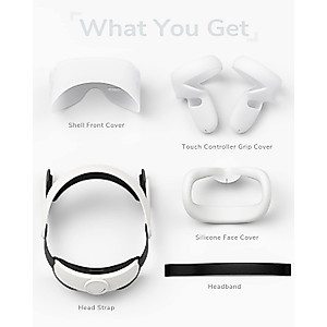 LUMYSPACE VR Accessory Set Compatible with Quest 2 Accessories Protective Cover, Adjustable Head Strap, Controller Grip Cover, Silicone Face Cover, VR Shell Cover(White)