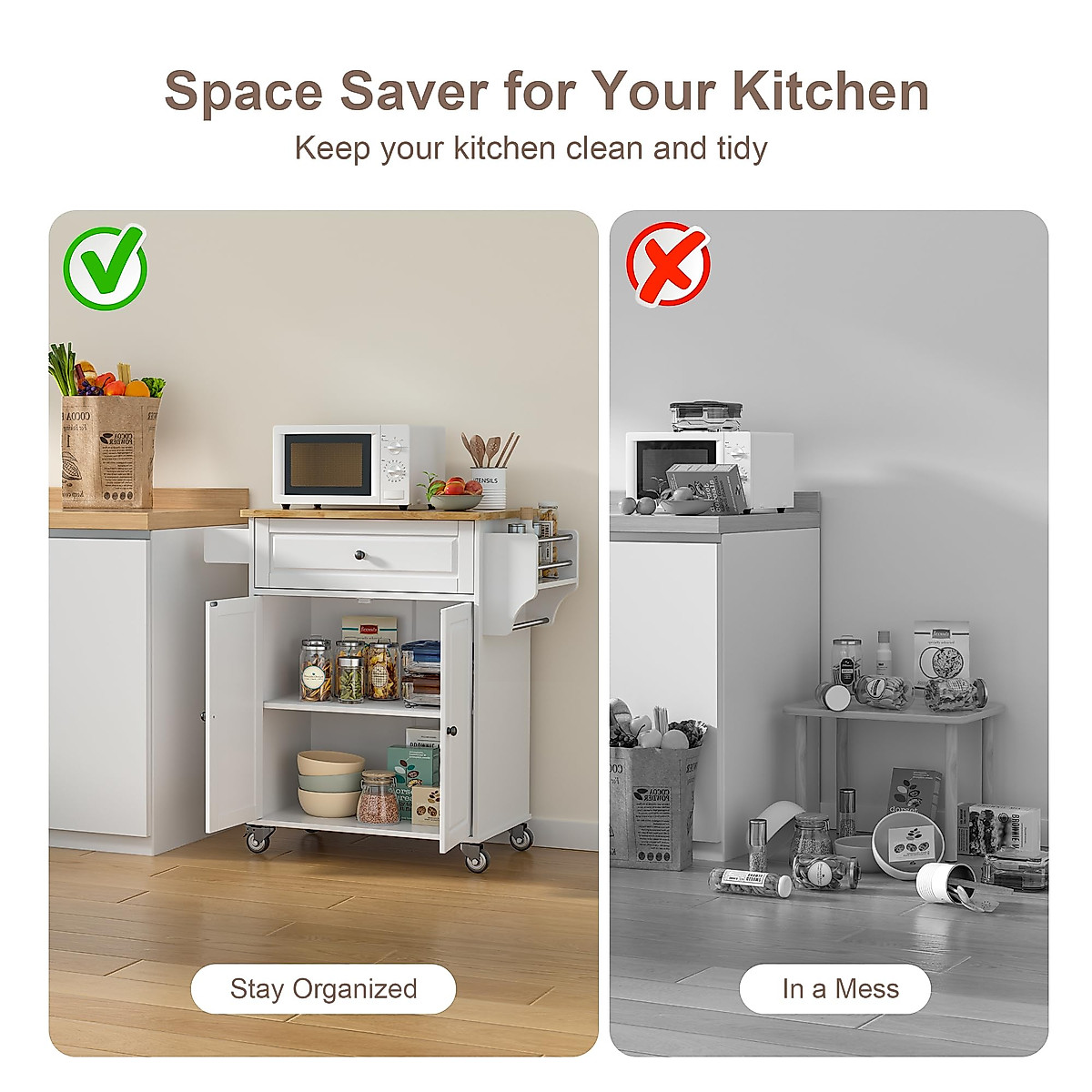 Gizoon Kitchen Island Cart with Adjustable Shelf, 35.8" W Mobile Trolley Cart on Metal Wheels with Drawer & Storage Cabinet, Spice Rack & Towel Rack, Wooden Countertop, for Dining Room, Bar, White