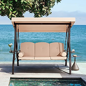 HOMREST 3-Seat Outdoor Porch Swing with Adjustable Canopy and Backrest, Patio Swing Chair with Weather Resistant Steel Frame,Comfortable Cushions for Balcony,Garden,Deck and Poolside(Khaki)