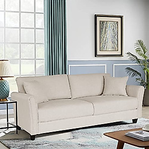 mikibama Linen Fabric Sofa 85 Inches Mid-Century Modern Couch 3 Seater Sofa with 2 Throw Pillows Upholstered Sofa with Rolled Armrest for Living Room, Apartment, Bedroom (Beige)