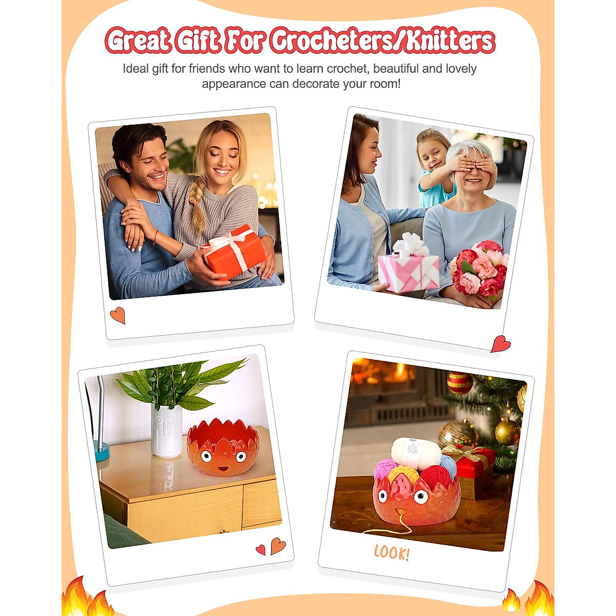 Coopay Flame Yarn Bowl for Crocheting/Knitting, Cute Yarn Storage Bowl with 7PCS Yarn & Accessories, Large Size Ceramic Yarn Bowl 6in Crochet Knitting Bowl for Beginners, Great Knitting Crochet Gift