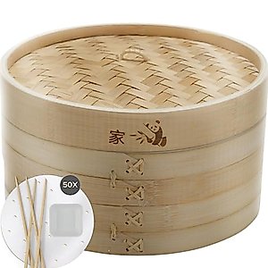 Prime Home Direct Bamboo Steamer Basket 10-inch | 2-Tier Steamer for Cooking | 50 Liners, Chopsticks & Sauce Dish | Dumpling Steamer, Food Steamer Baskets for Cooking - Rice & Vegetable Steamer Pot