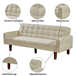 Betoko Linen Futon Sofa Couch 73.6" Fabric Upholstered Convertible Sofa Bed Minimalist Button Tufted Small 3 Seater Sleeper Futon Couch Set for Living Room Bedroom (Beige)