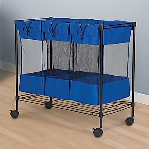 Household Essentials 7119 Rolling Triple Laundry Sorter on Wheels – Storage Organizer-  Black Steel Frame