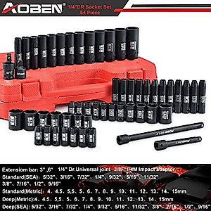 AOBEN 1/4-Inch Drive Impact Socket Set, 54 Pieces, 6 Point, SAE/Metric, (5/32" - 9/16" ，4mm -15mm)，Deep/Shallow, Cr-V Steel, Includes Extension bars and Socket Adapter