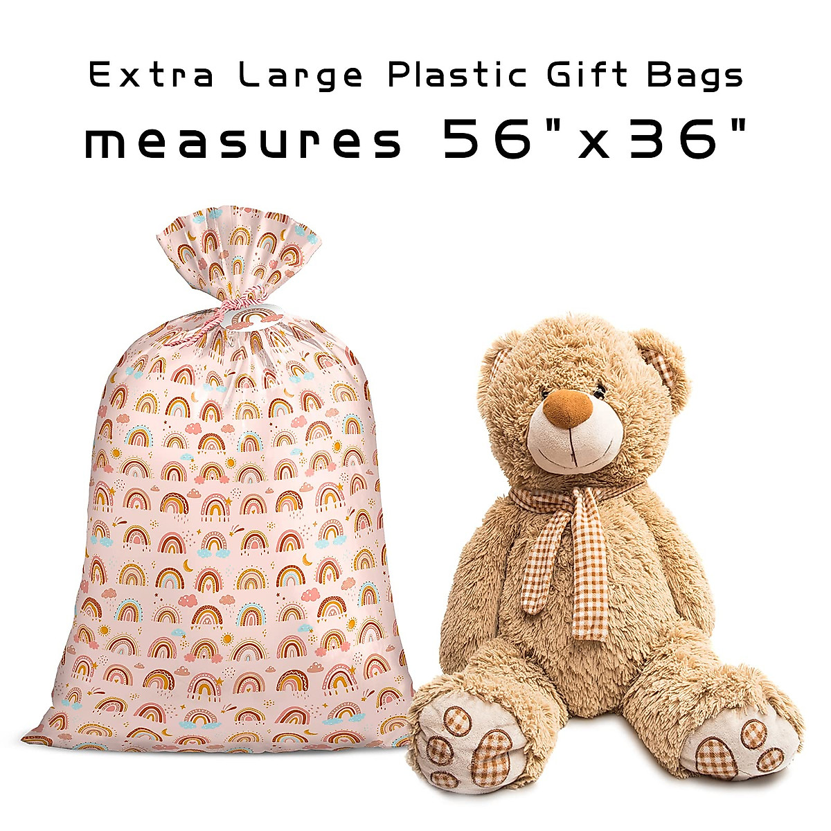 Loveinside Jumbo Large Plastic Gift Bag, Birthday Design Plastic Bag with Tag and Tie for Birthday Party, Graduation, Baby Shower - 56" x 36", 1 Pcs - Pink Rainbow