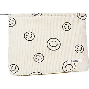 Aucuu Smile Face Cosmetic Bag, Corduroy Large Capacity Makeup Bags for Women, Smile Makeup Bags Travel Toiletry Bag Accessories Organizer