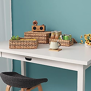 Citylife Water Hyacinth Storage Baskets with Lids Handwoven Wicker Baskets for Shelves Stackable Woven Storage Bins for Organizing, Set of 3