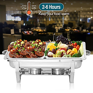 EVGTTI Chafing Dish Buffet Set 8 QT Stainless Steel, Half Size Pan, Buffet Servers and Warmers Chaffing Servers with Covers Folding Stand Food Warmer for Parties Buffets (4-Pack)