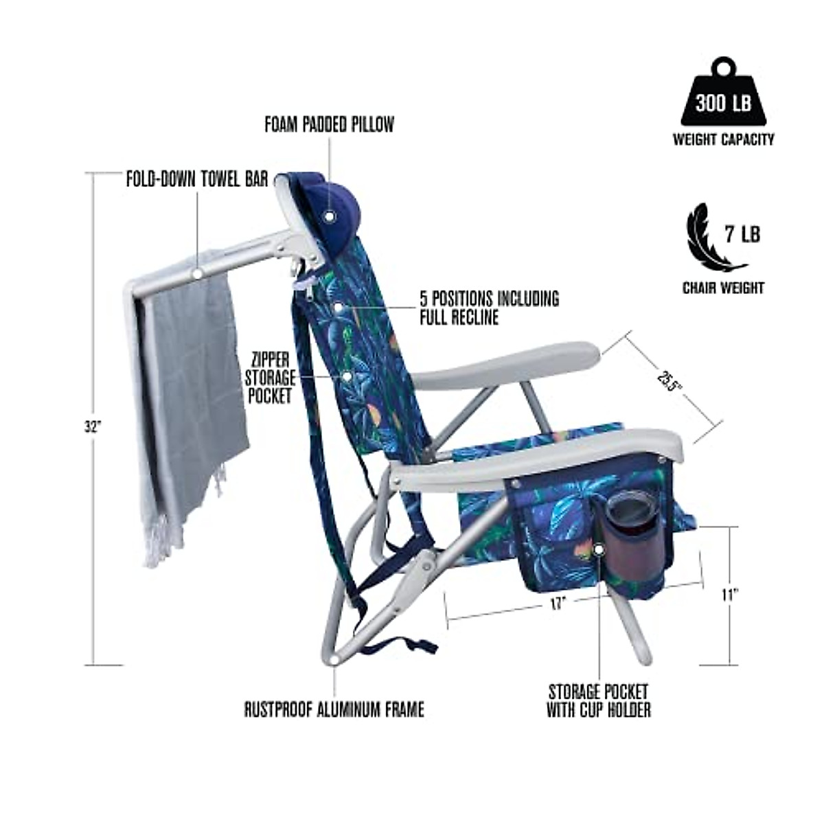 Hurley Deluxe Backpack Outdoor Chair, One Size, Lightweight, Alloy Steel, Blue