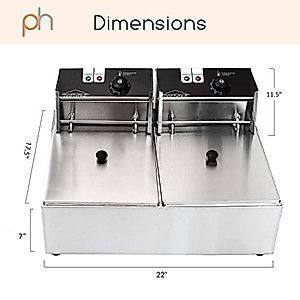 PartyHut 12 Liter/12.6 Quart Dual-tank Commercial Deep Fryer Machine, Double Basins Large Capacity Stainless Steel Countertop Fryer, 110v Double Two Tank Design for Small Business and Events