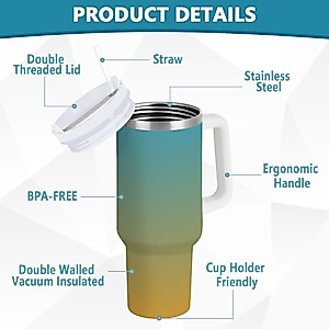 MCHIVER Blue Yellow Dark Gradient 40 oz Tumbler with Handle and Straw Stainless Steel Vacuum Water Bottle Leak-proof Travel Coffee Mug Insulated Water Bottle for Hot Cold Beverages