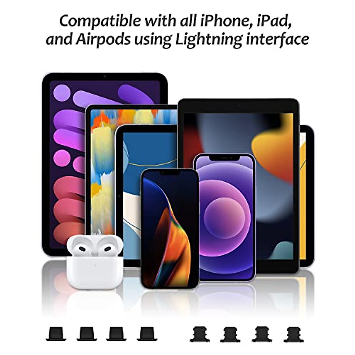 8 Pack Anti Dust Plugs for iPhone 14 Pro Max Mini 13 12 11 X Xs 8 Plus iPad AirPods + Mini Storage Box iPhone Charging Port Plugs, Black