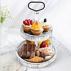 Rustic Wooden Tiered Tray, Farmhouse Decorative Tray, Round Serving Tray with Metal Handle for Home Kitchen Shelf Dinning Table Seasonal Holiday Decorations, White