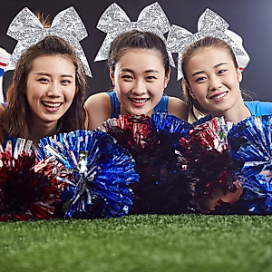 2 PCS 7" Large Glitter Cheer Bows Sequin Cheer Hair Bow Ties with Elastic Shiny Hair Bows Ponytail Holder Handmade for Cheerleader Girls Softball Sports Hair Accessories for Teens Kids(Silver)