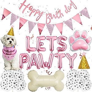 Dog Birthday Decorations Girls - Dog Party Decorations Cute Dog Girl Birthday Bandana Hats Happy Birthday Banner Pennant Pink Dog Paw Bone Foil Balloons for Pet Puppy Party Supplies