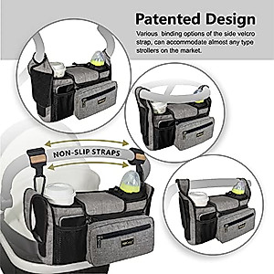 TOPDesign Universal Baby Stroller Organizer, Stroller Caddy with Heightened Insulated Cup Holders & Non-Slip Secure Hooks Accessories, Fits Most Strollers, Machine Washable (Blue)