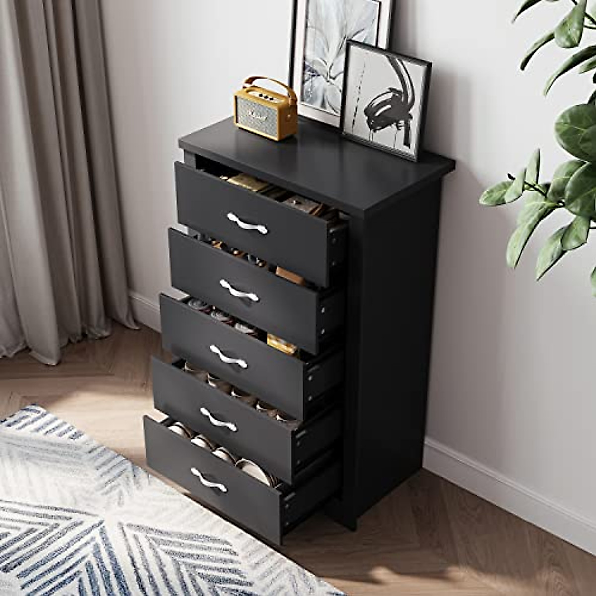 LINSY HOME 5 Drawer Chest, Black Dresser for Bedroom, Tall Dresser, Nursery Dresser Organizer Chest of Drawers for Kids Bedroom - Black