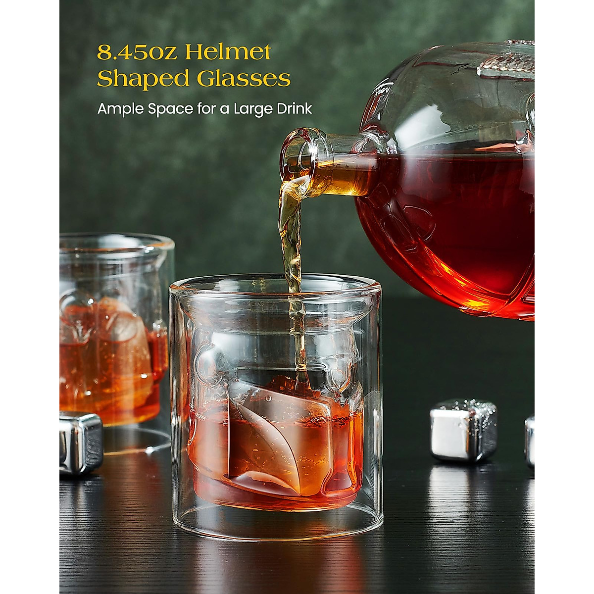 Galaxy Whiskey Decanter Set for Men, 34 Oz Decanter with Two Glasses, Handmade Leadfree Glass Decanter Set with Unique Helmet Design, Gift for Men, Dad, Him, Cool Drinking Accessories for Home Bar