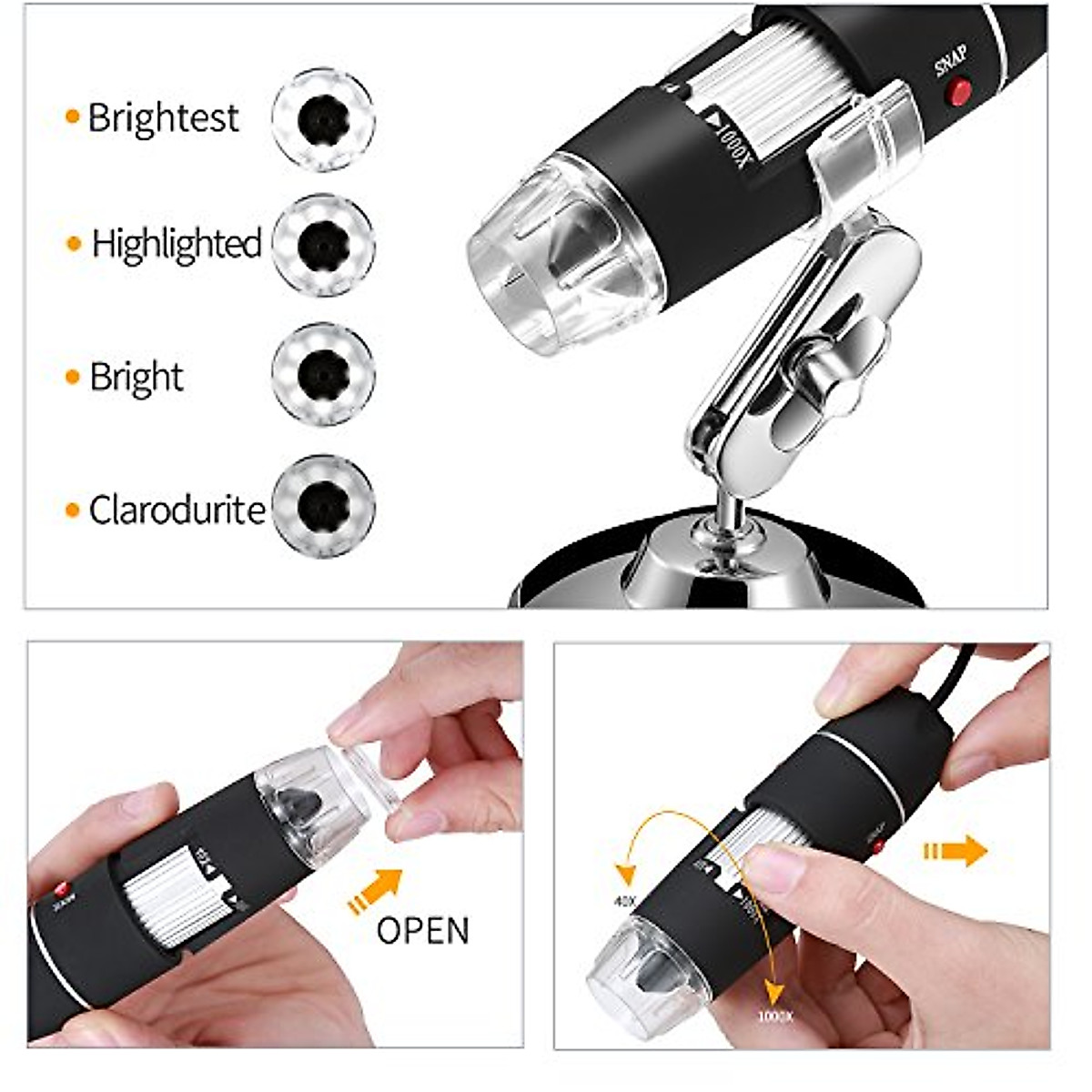 Jiusion Original 40-1000X USB Microscope with Portable Carrying Case, Digital Magnification Endoscope Camera 8 LEDs Metal Base for Micro USB USB-C Android, Windows Mac Linux Chrome