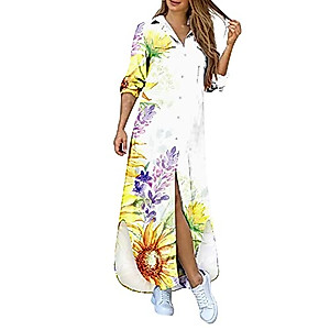 Wedding Guest Dresses for Women Betten Down Dresses Long Sleeve V Neck Sundress with Pockets Fashion Outdoor Mixi Yellow Large