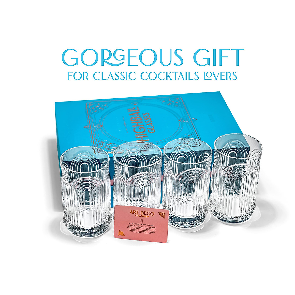 Vintage Art Deco 1920s Highball Cocktail Glasses | Set of 4 | 14 oz Tall Crystal Tumblers for Drinking Mojito, Whiskey Highball, Gin Rickey, Classic Long Bar Drinks | Large Hiball Glassware