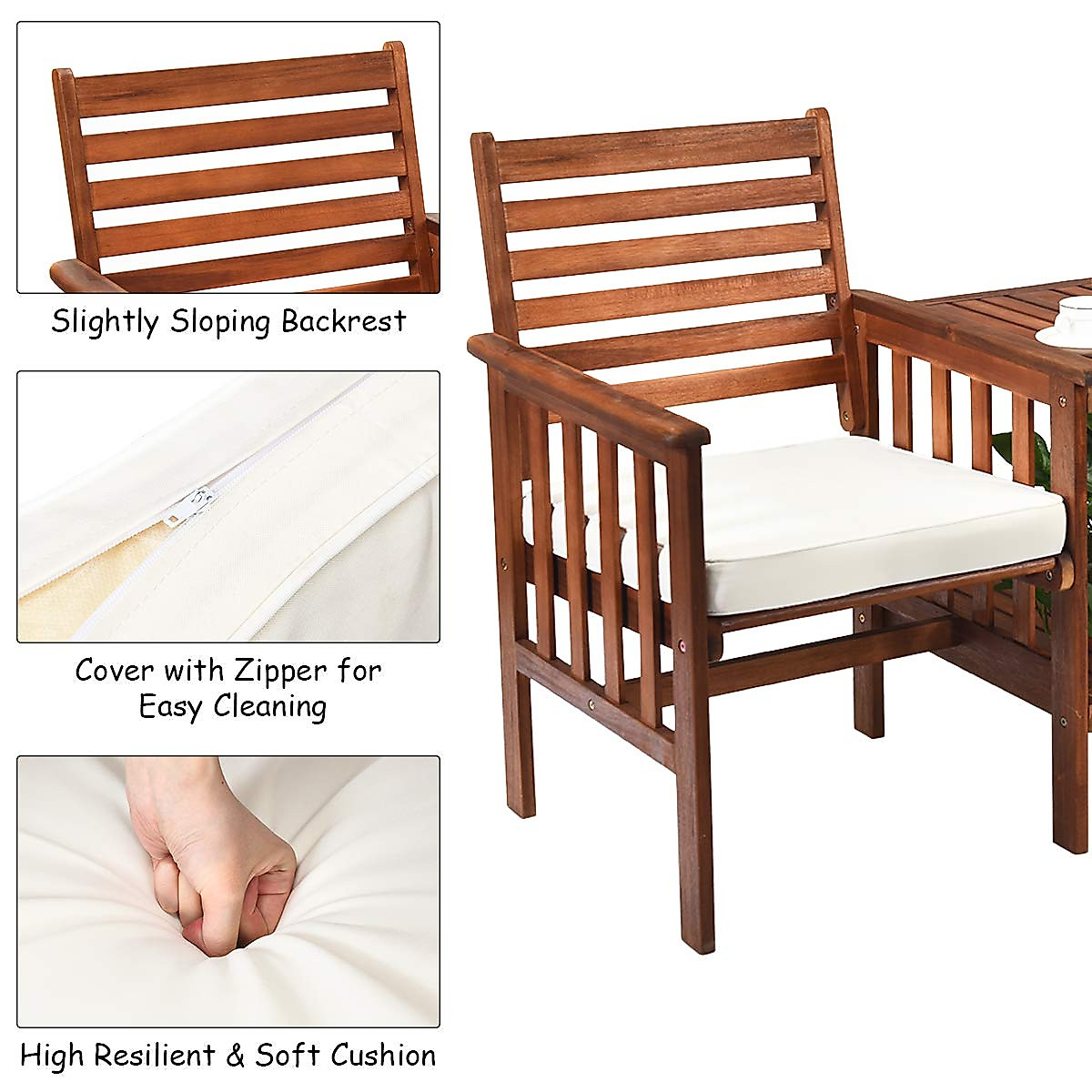 Tangkula Acacia Wood Loveseat, 3pcs Outdoor Table Chairs Set, Patio Conversation Set w/Coffee Table and Soft Cushions, 2.1-inch Umbrella Hole, 2-Seater Furniture Set (White)