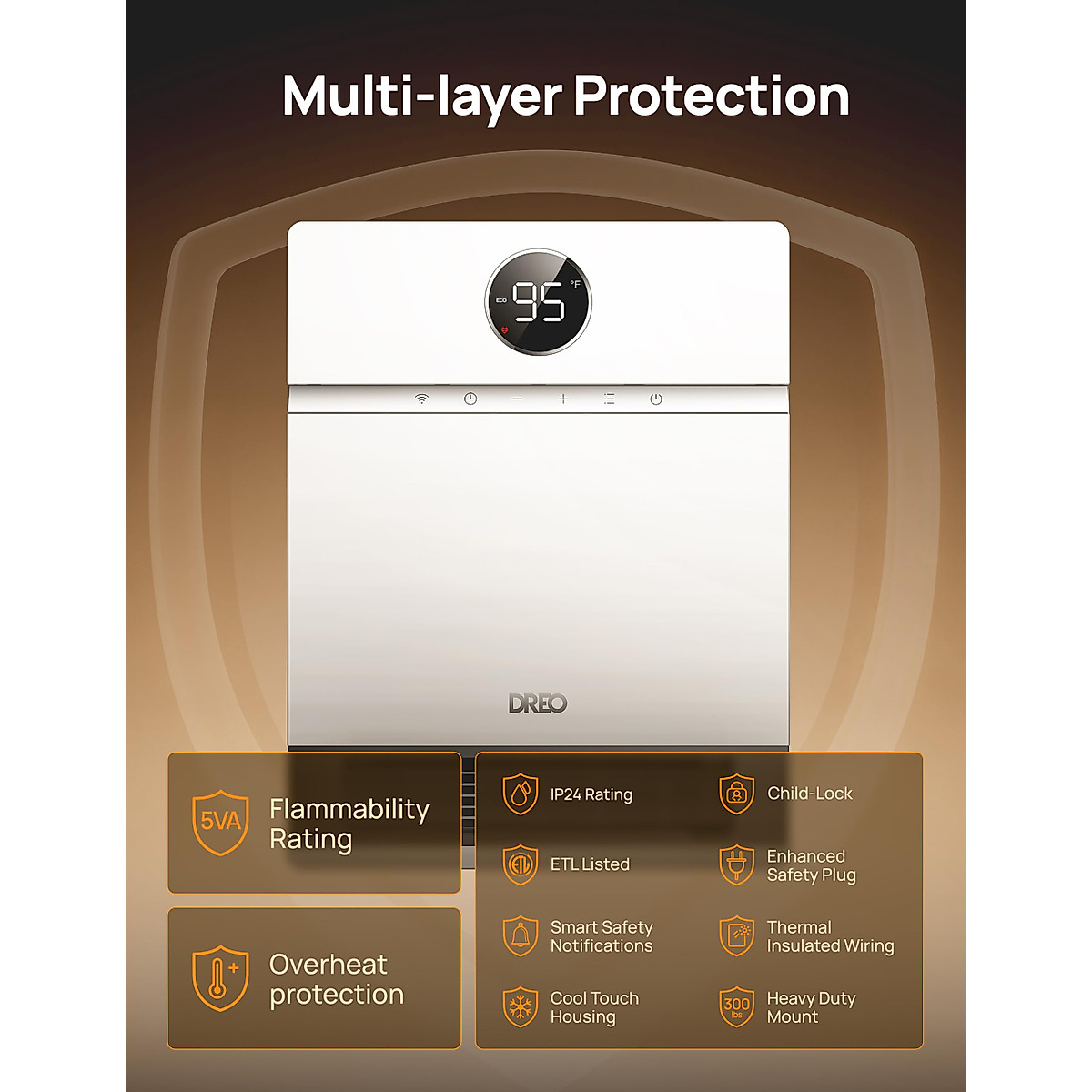 Dreo Smart Wall Heater, IP24 Electric PTC Space Heater for Indoor Use, 30° Oscillation, Adjustable Thermostat, Remote Control, Works with Alexa, 24H Timer, Easy-mounted Heater for Bedroom, Office